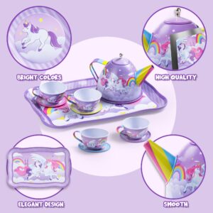 JOYIN Unicorn Tea Party Set for Little Girls, Pretend Purple Tin Teapot Set, Princess Tea Time Play Kitchen Toy with Teapot, Cup, Plate, Carrying Case for Birthday Easter Gift Kids Toddler Age 3 4 5 6