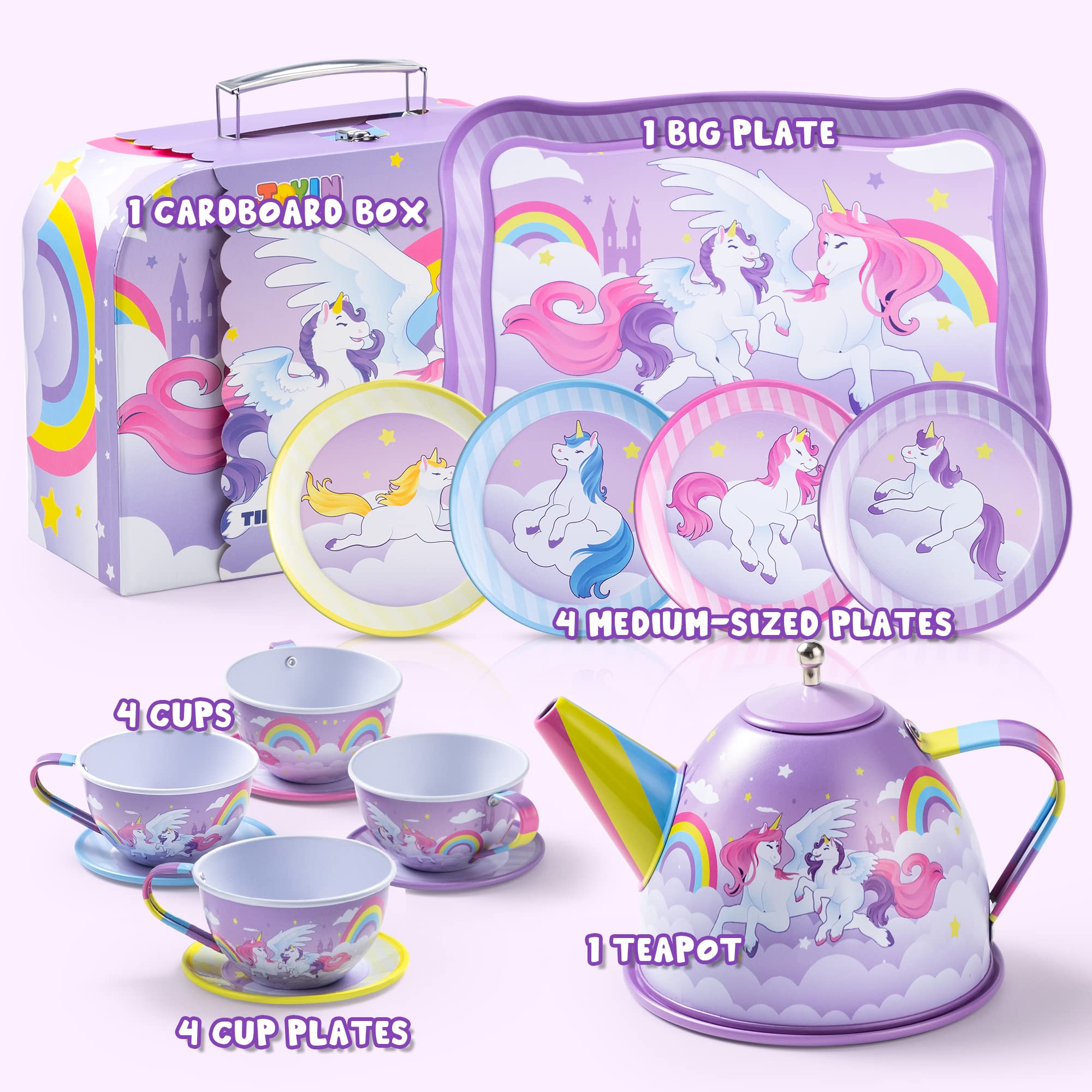 JOYIN Unicorn Tea Party Set for Little Girls, Pretend Purple Tin Teapot Set, Princess Tea Time Play Kitchen Toy with Teapot, Cup, Plate, Carrying Case for Birthday Easter Gift Kids Toddler Age 3 4 5 6