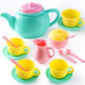 joyin 18pcs pretend play tea party set play food accessories bpa free, phthalates free, plastic tea set, mini kitchen for kids, gifts for toddler boys girls ages 3,4,5,6 years old