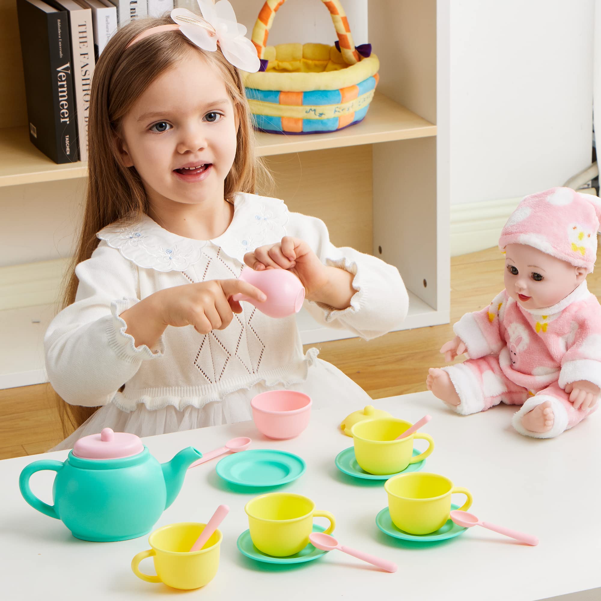 JOYIN 18PCS Pretend Play Tea Party Set Play Food Accessories BPA Free, Phthalates Free, Plastic Tea Set, Mini Kitchen for Kids, Gifts for Toddler Boys Girls Ages 3,4,5,6 Years Old