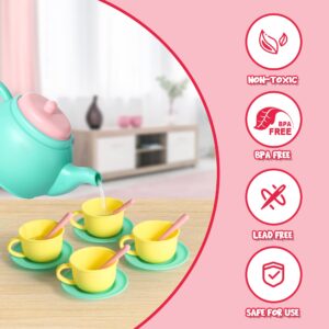 JOYIN 18PCS Pretend Play Tea Party Set Play Food Accessories BPA Free, Phthalates Free, Plastic Tea Set, Mini Kitchen for Kids, Gifts for Toddler Boys Girls Ages 3,4,5,6 Years Old