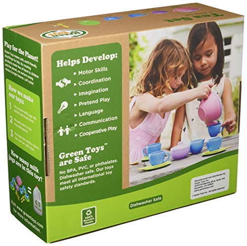 Green Toys Tea Set, Pink 4C - 17 Piece Pretend Play, Motor Skills, Language & Communication Kids Role Play Toy. No BPA, phthalates, PVC. Dishwasher Safe, Recycled Plastic, Made in USA.