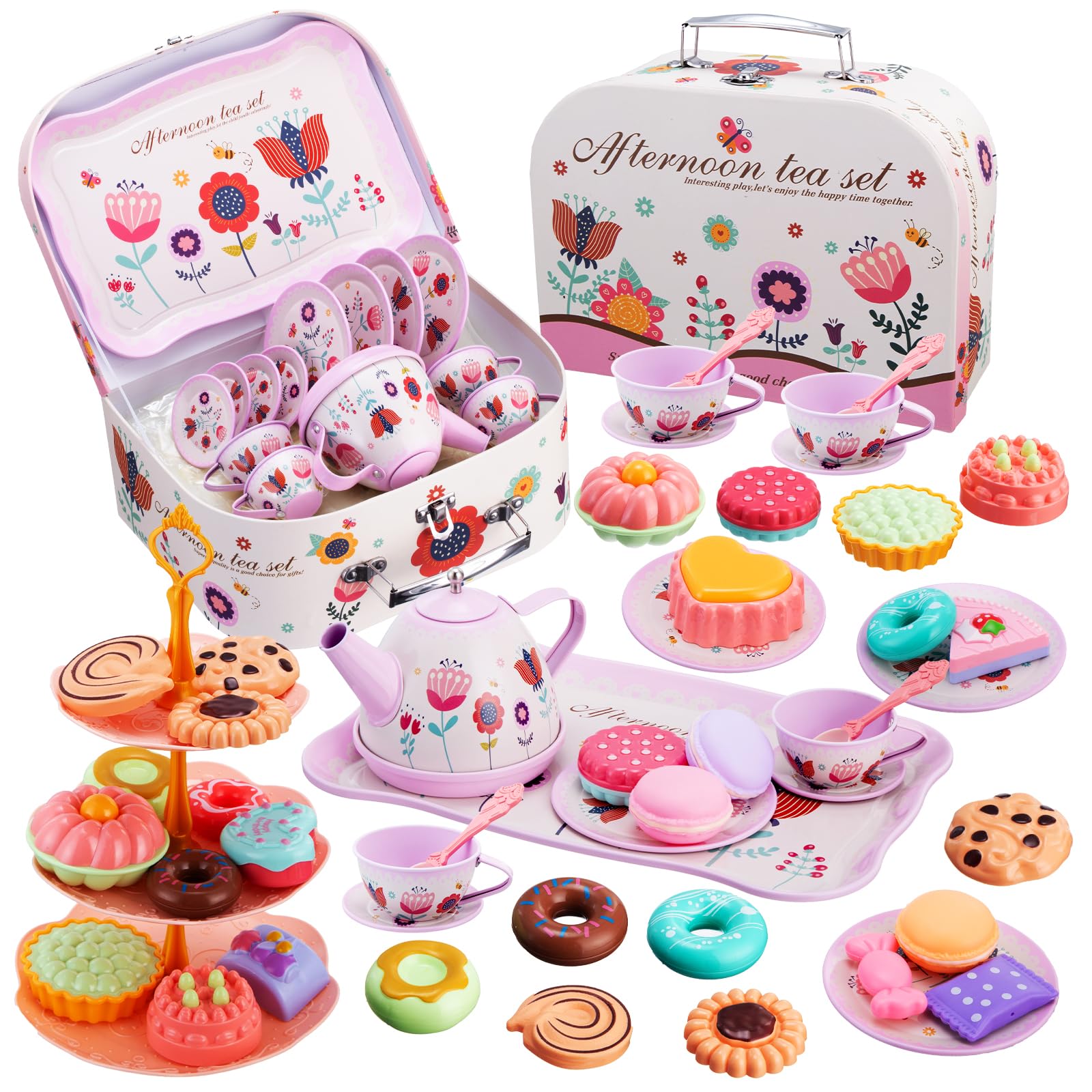 MAMPO 46PCS Tea Set for Little Girls, Princess Tea Time Pretend Kitchen Toy with Biscuits, Teapot, Cake, Dessert, Carrying Case, Donut for Kids Girls Boys