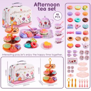 MAMPO 46PCS Tea Set for Little Girls, Princess Tea Time Pretend Kitchen Toy with Biscuits, Teapot, Cake, Dessert, Carrying Case, Donut for Kids Girls Boys