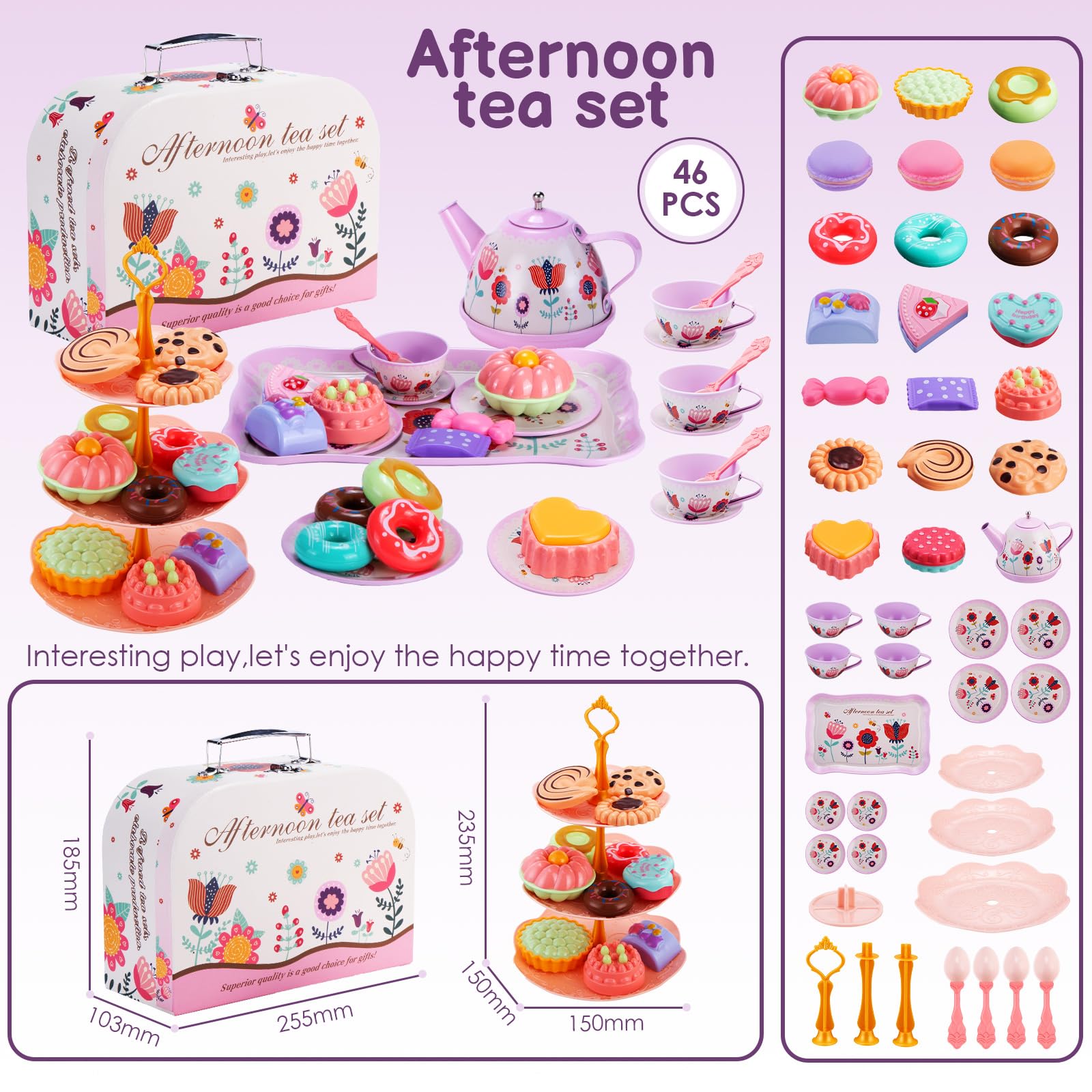 MAMPO 46PCS Tea Set for Little Girls, Princess Tea Time Pretend Kitchen Toy with Biscuits, Teapot, Cake, Dessert, Carrying Case, Donut for Kids Girls Boys