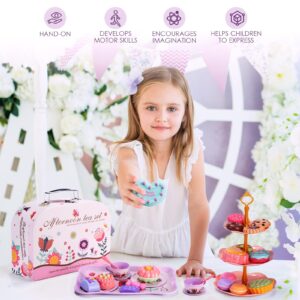 MAMPO 46PCS Tea Set for Little Girls, Princess Tea Time Pretend Kitchen Toy with Biscuits, Teapot, Cake, Dessert, Carrying Case, Donut for Kids Girls Boys