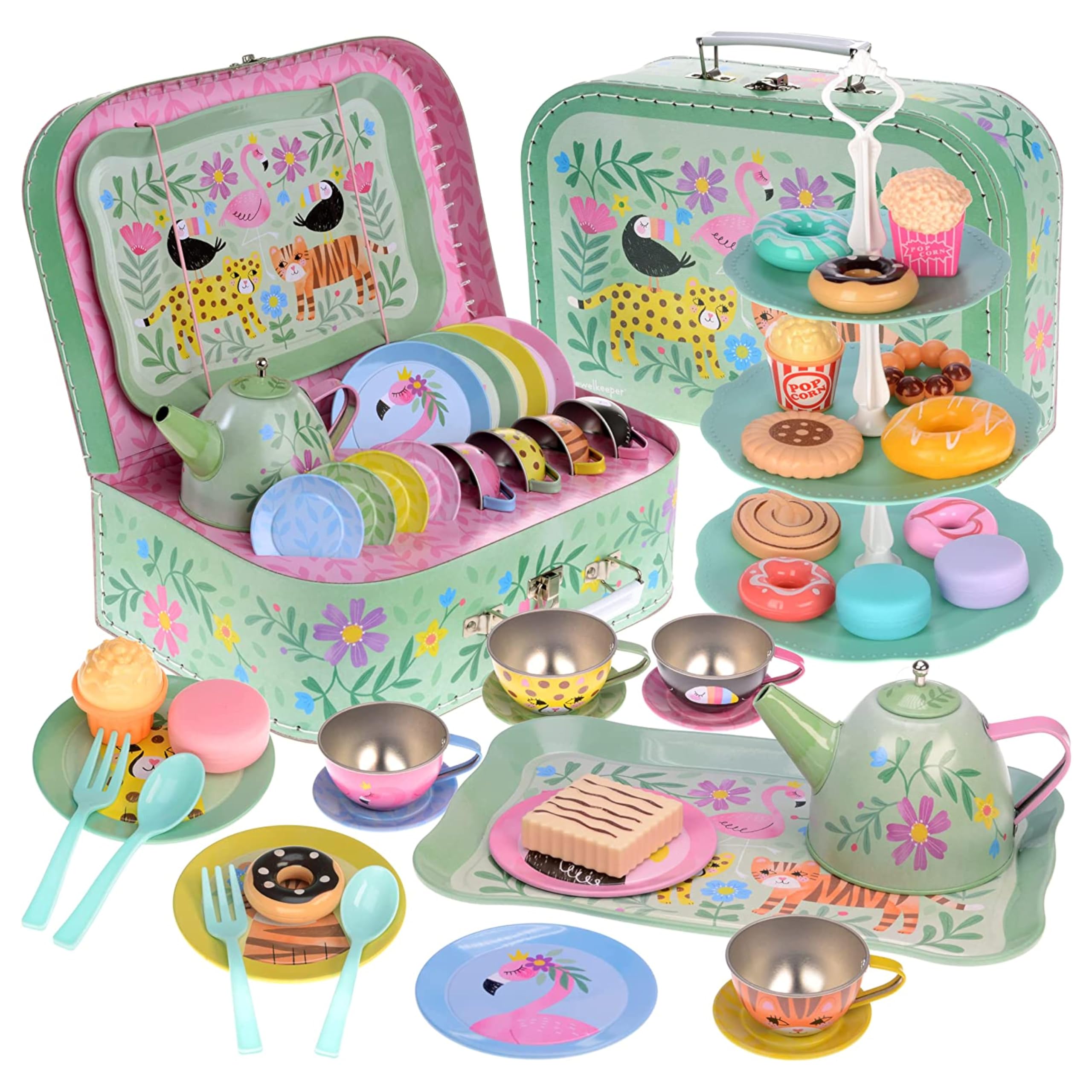 Jewelkeeper Tea Set for Little Girls - 15 Piece Sets Kids Tin Tea Party with Cups, Saucers, Plates & Serving Trays-Toddler Princess Tea Time Pretend Play-Safari Design Picnic Toy -Girls Birthday Gift