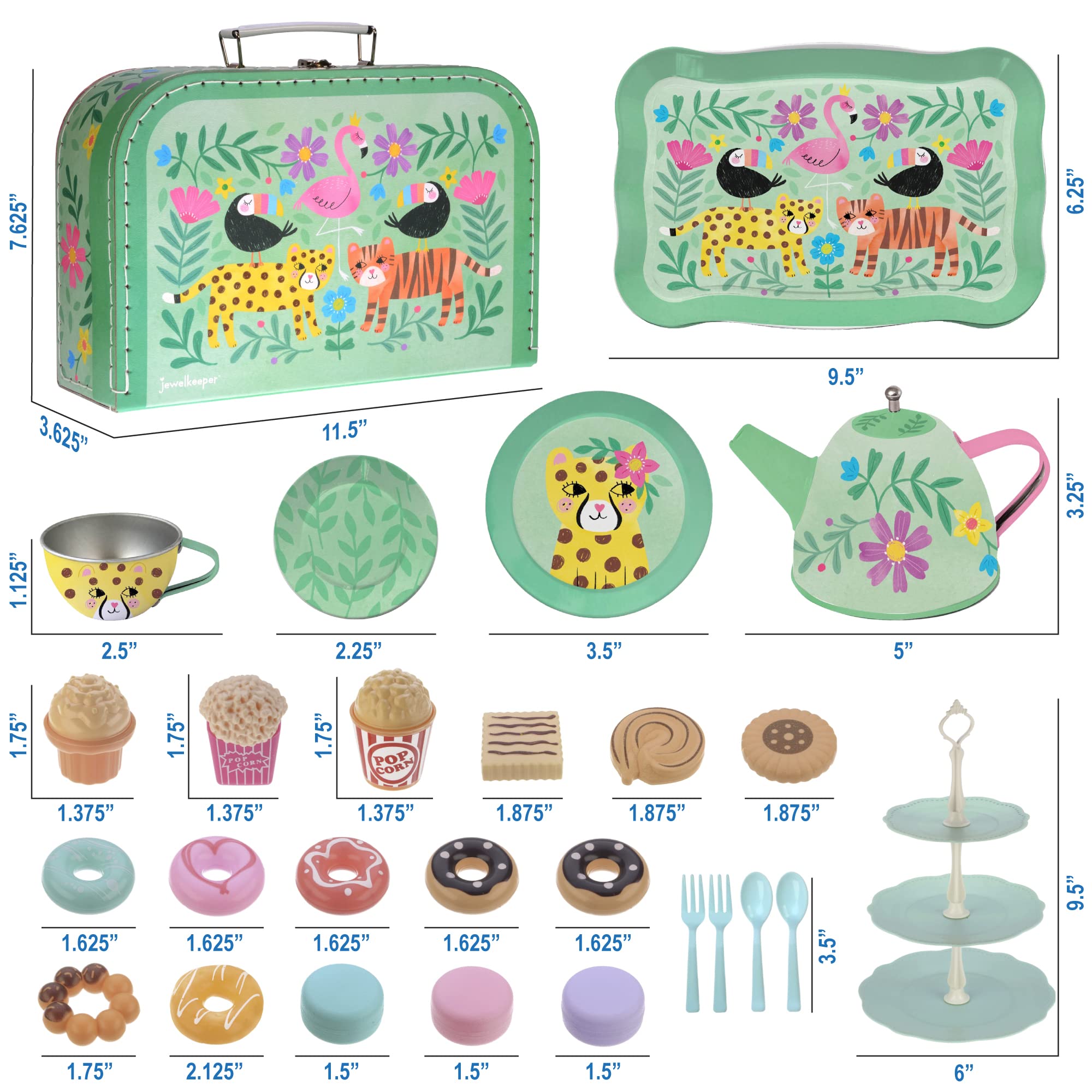 Jewelkeeper Tea Set for Little Girls - 15 Piece Sets Kids Tin Tea Party with Cups, Saucers, Plates & Serving Trays-Toddler Princess Tea Time Pretend Play-Safari Design Picnic Toy -Girls Birthday Gift