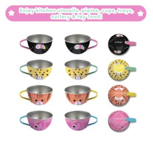 Jewelkeeper Tea Set for Little Girls - 15 Piece Sets Kids Tin Tea Party with Cups, Saucers, Plates & Serving Trays-Toddler Princess Tea Time Pretend Play-Safari Design Picnic Toy -Girls Birthday Gift