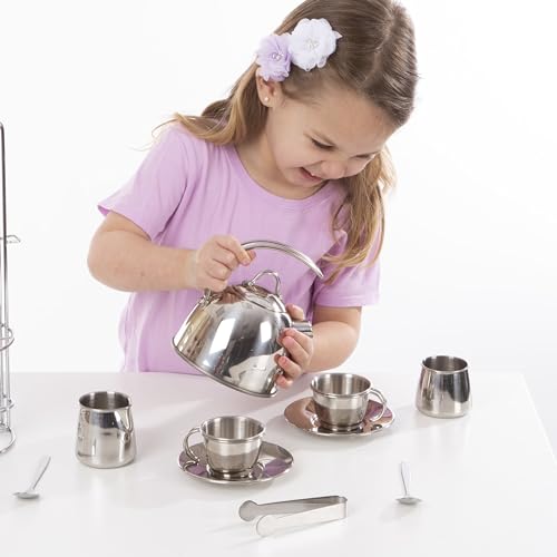 Melissa & Doug Stainless Steel Pretend Play Tea Set and Storage Rack for Kids (11 pcs)