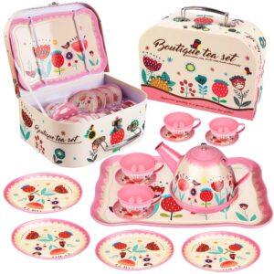 kids tea set for little girls, princess tea party set for toddlers tea time pretend toy with metal teapots cups plates coasters spoons carry case, kids kitchen pretend play toys for girls age 3 4 5 6