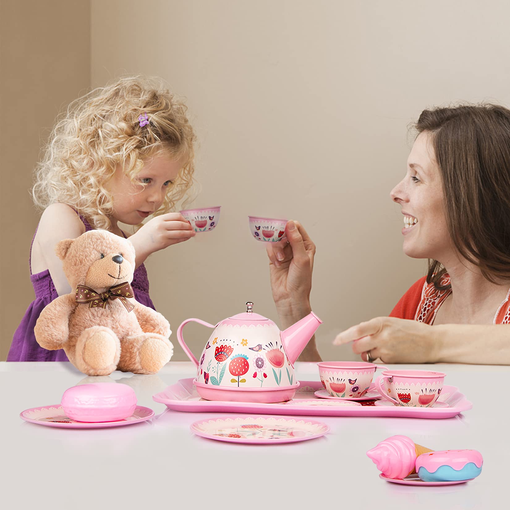 Kids Tea Set for Little Girls, Princess Tea Party Set for Toddlers Tea Time Pretend Toy with Metal Teapots Cups Plates Coasters Spoons Carry Case, Kids Kitchen Pretend Play Toys for Girls Age 3 4 5 6