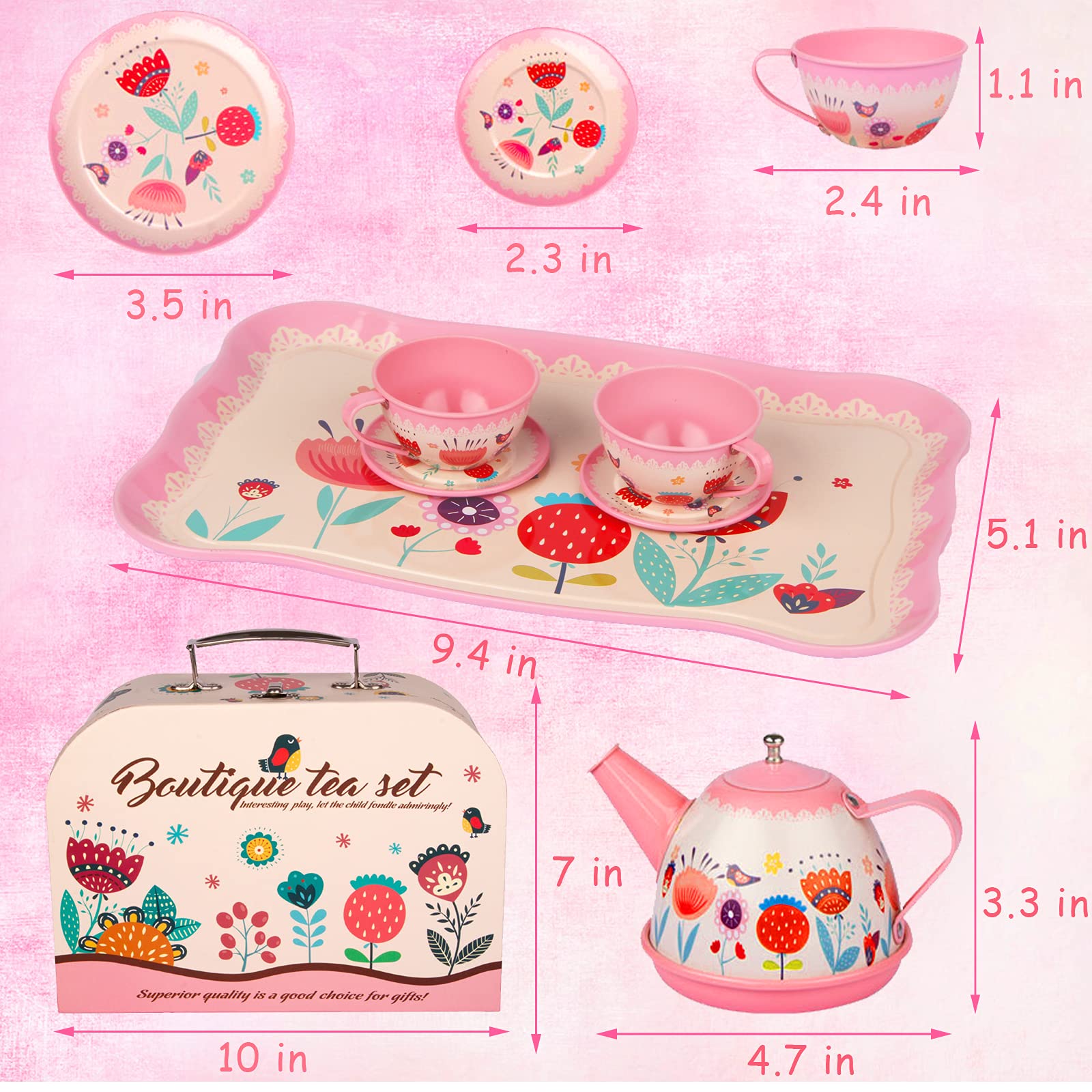 Kids Tea Set for Little Girls, Princess Tea Party Set for Toddlers Tea Time Pretend Toy with Metal Teapots Cups Plates Coasters Spoons Carry Case, Kids Kitchen Pretend Play Toys for Girls Age 3 4 5 6