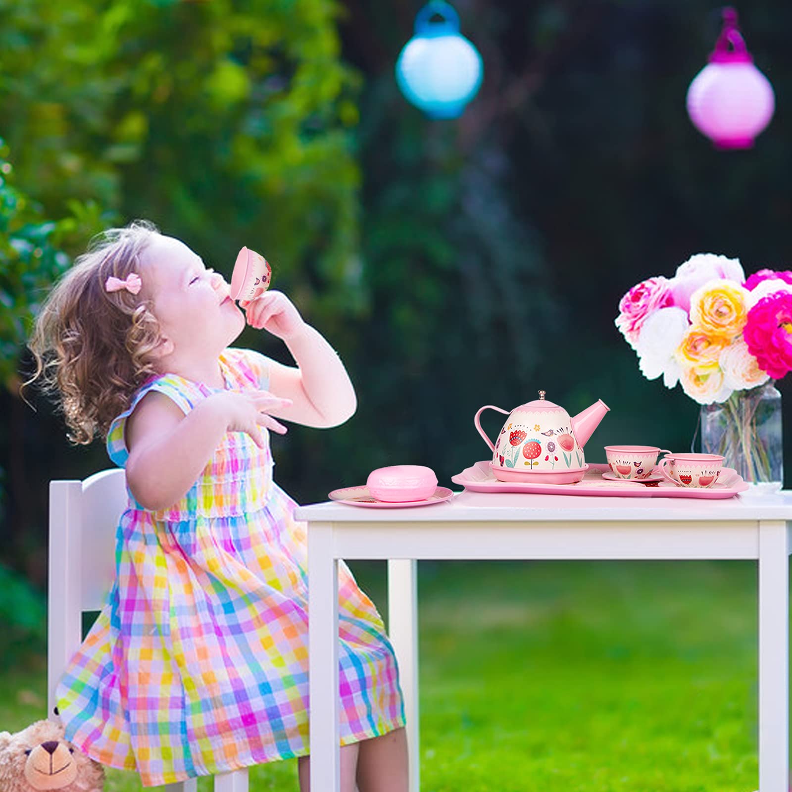 Kids Tea Set for Little Girls, Princess Tea Party Set for Toddlers Tea Time Pretend Toy with Metal Teapots Cups Plates Coasters Spoons Carry Case, Kids Kitchen Pretend Play Toys for Girls Age 3 4 5 6