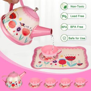 Kids Tea Set for Little Girls, Princess Tea Party Set for Toddlers Tea Time Pretend Toy with Metal Teapots Cups Plates Coasters Spoons Carry Case, Kids Kitchen Pretend Play Toys for Girls Age 3 4 5 6