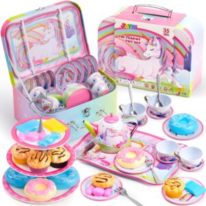 joyin 35pcs unicorn tea party set for little girls, pretend tin teapot set, princess tea time play kitchen toy with dessert, doughnut, carrying case for birthday easter gifts kids toddlers age 3 4 5 6