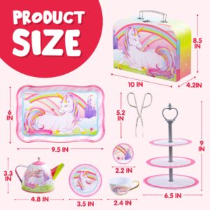 JOYIN 35Pcs Unicorn Tea Party Set for Little Girls, Pretend Tin Teapot Set, Princess Tea Time Play Kitchen Toy with Dessert, Doughnut, Carrying Case for Birthday Easter Gifts Kids Toddlers Age 3 4 5 6