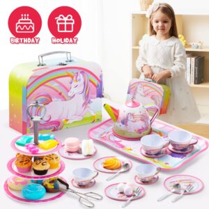 JOYIN 35Pcs Unicorn Tea Party Set for Little Girls, Pretend Tin Teapot Set, Princess Tea Time Play Kitchen Toy with Dessert, Doughnut, Carrying Case for Birthday Easter Gifts Kids Toddlers Age 3 4 5 6