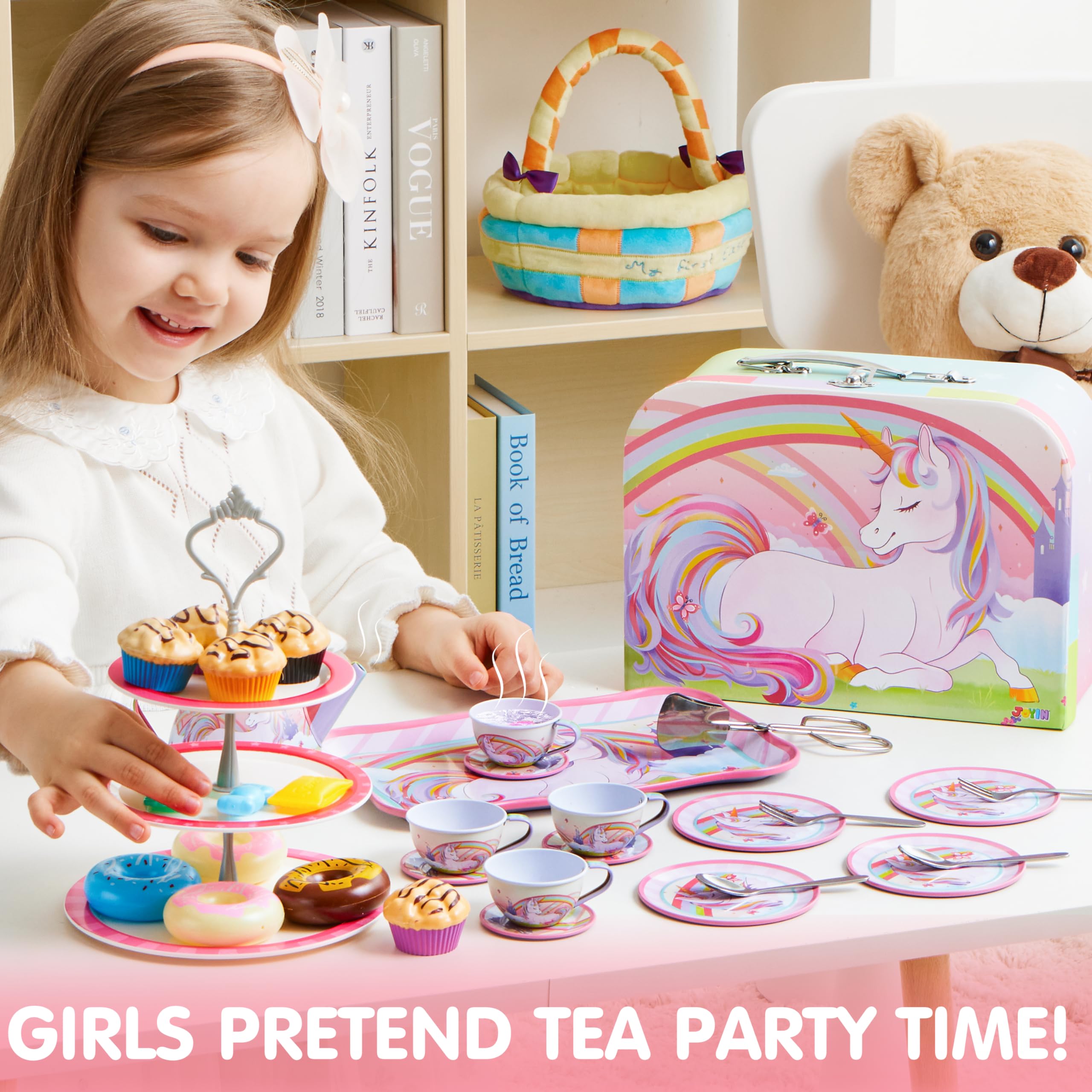 JOYIN 35Pcs Unicorn Tea Party Set for Little Girls, Pretend Tin Teapot Set, Princess Tea Time Play Kitchen Toy with Dessert, Doughnut, Carrying Case for Birthday Easter Gifts Kids Toddlers Age 3 4 5 6