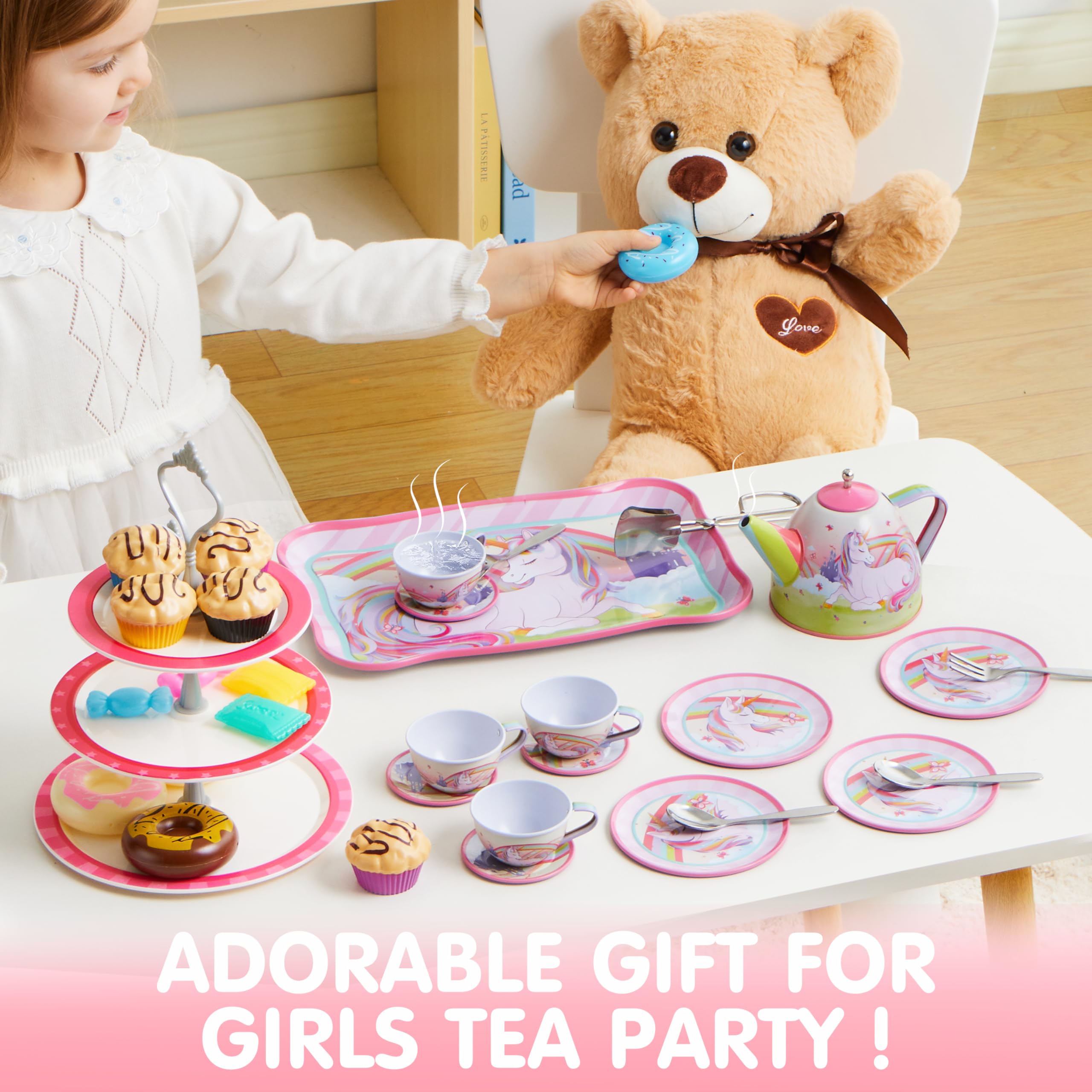 JOYIN 35Pcs Unicorn Tea Party Set for Little Girls, Pretend Tin Teapot Set, Princess Tea Time Play Kitchen Toy with Dessert, Doughnut, Carrying Case for Birthday Easter Gifts Kids Toddlers Age 3 4 5 6