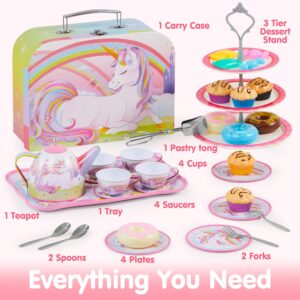 JOYIN 35Pcs Unicorn Tea Party Set for Little Girls, Pretend Tin Teapot Set, Princess Tea Time Play Kitchen Toy with Dessert, Doughnut, Carrying Case for Birthday Easter Gifts Kids Toddlers Age 3 4 5 6