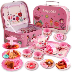 tea party set for little girls, princess tea time toy with food sweet treats playset carrying case, tea set birthday gift toys for 3 4 5 6 7 8 year old girls todler