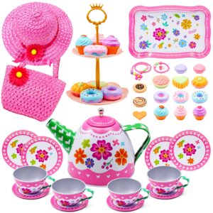 34pcs kids tea party set for little girls, tin tea set pretend play with girl purse & tea party hat jewelry set, teapot tea cups play dishes, birthday gift toys for toddler girl kid age 3+