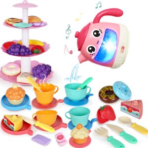 tea set for little girls 1-3, 48 pcs tea party set for toddler little girls 3-5 with teapot tea cup music & light play food toy kitchen accessories for kids girls children boys toddler birthday gift