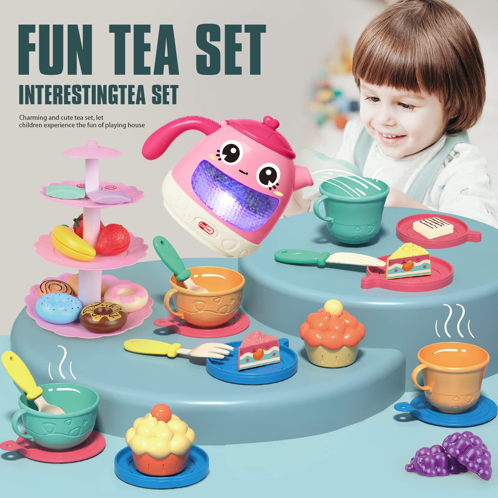 Tea Set for Little Girls 1-3, 48 PCS Tea Party Set for Toddler Little Girls 3-5 with Teapot Tea Cup Music & Light Play Food Toy Kitchen Accessories for Kids Girls Children Boys Toddler Birthday Gift