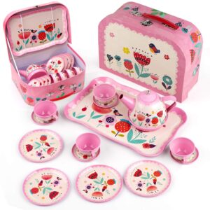 d-fantix kids tea set for little girls, 15pcs pink tin tea party set for toddlers afternoon tea time playset with metal teapots tea cups play dishes princess toys gifts with carry case