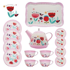 pink tea set for little girls,flower design kids tea party set,princess tea time toys teapot dishes kitchen pretend play tin tea party set for girls