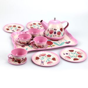 Pink Tea Set for Little Girls,Flower Design Kids Tea Party Set,Princess Tea Time Toys Teapot Dishes Kitchen Pretend Play Tin Tea Party Set for Girls