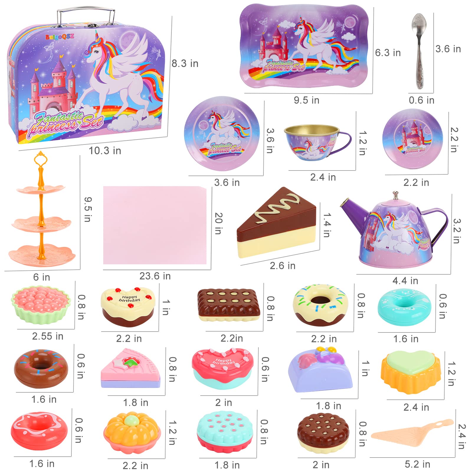 Tea Party Set for Little Girls, Princess Tea Time Toy Set with Food Playset,Dessert Tower,Tablecloth&Carrying Case,Kitchen Pretend Play for Birthday Girls Age 3 4 5 6 7 Year Old Kids Toddlers