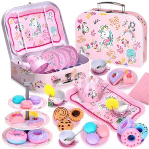 auney 36 pcs tea set toys for girls,tin tea party toy pretend play for little girls,kids real littles for tea time with tea filter bags and lemon slices (unicorn toy)