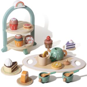 23 pieces toddler tea set little girl wooden tea party set with cake stand and food children's kitchen game set wooden toys for 3, 4, 5, 6 year old girls birthday gifts.