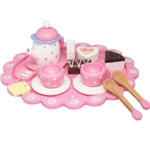 wooden tea set for little girls, wooden toys toddler tea set play kitchen accessories for kids tea party with play food for 1 2 3 years old kids