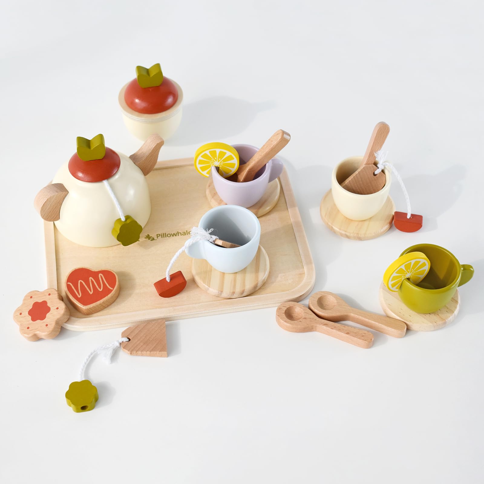 Pillowhale Wooden Toys Tea Party Set,Tea Set for Little Girls,Toddler Tea Set,Kids Play Kitchen Accessories,Play Food for Toddlers Boys Girls Ages 3+