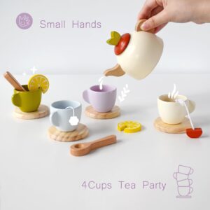 Pillowhale Wooden Toys Tea Party Set,Tea Set for Little Girls,Toddler Tea Set,Kids Play Kitchen Accessories,Play Food for Toddlers Boys Girls Ages 3+