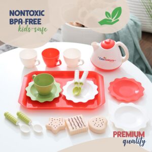 Little Additions Tea Party Set for Little Girls, Plastic Tea Set for Little Girls and Boys, 17 Pieces Kids Tea Set, Tea Set for Toddlers with Carrying Case, Pretend Play Toddler Tea Set 3-6 Years Old