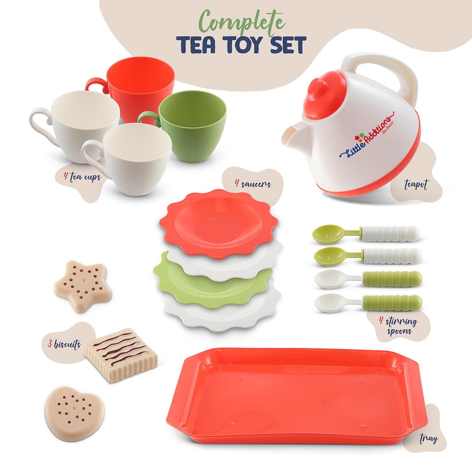 Little Additions Tea Party Set for Little Girls, Plastic Tea Set for Little Girls and Boys, 17 Pieces Kids Tea Set, Tea Set for Toddlers with Carrying Case, Pretend Play Toddler Tea Set 3-6 Years Old