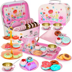 kmuysl tea party set for little girls, kitchen pretend toy for kids 3 4 5 6 year old, girls toys with tin tea set, desserts & carrying case, christmas easter gift for girls