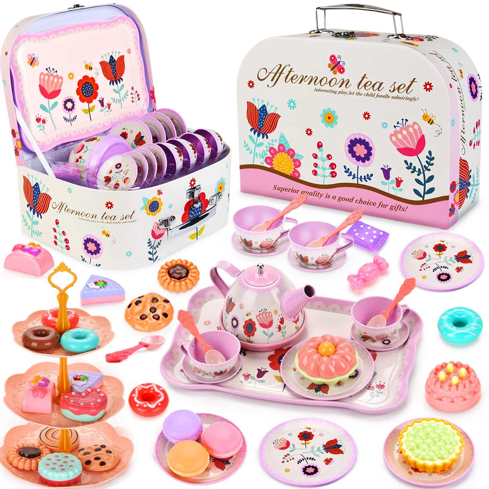 Lajeje Tea Set for Little Girls, Birthday Gift for Age 3 4 5 6 Year Old, Toddler Toys Tea Party Set for Little Girls, Princess Kids Kitchen Pretend Toy with Tin Tea Set, Desserts & Carrying Case