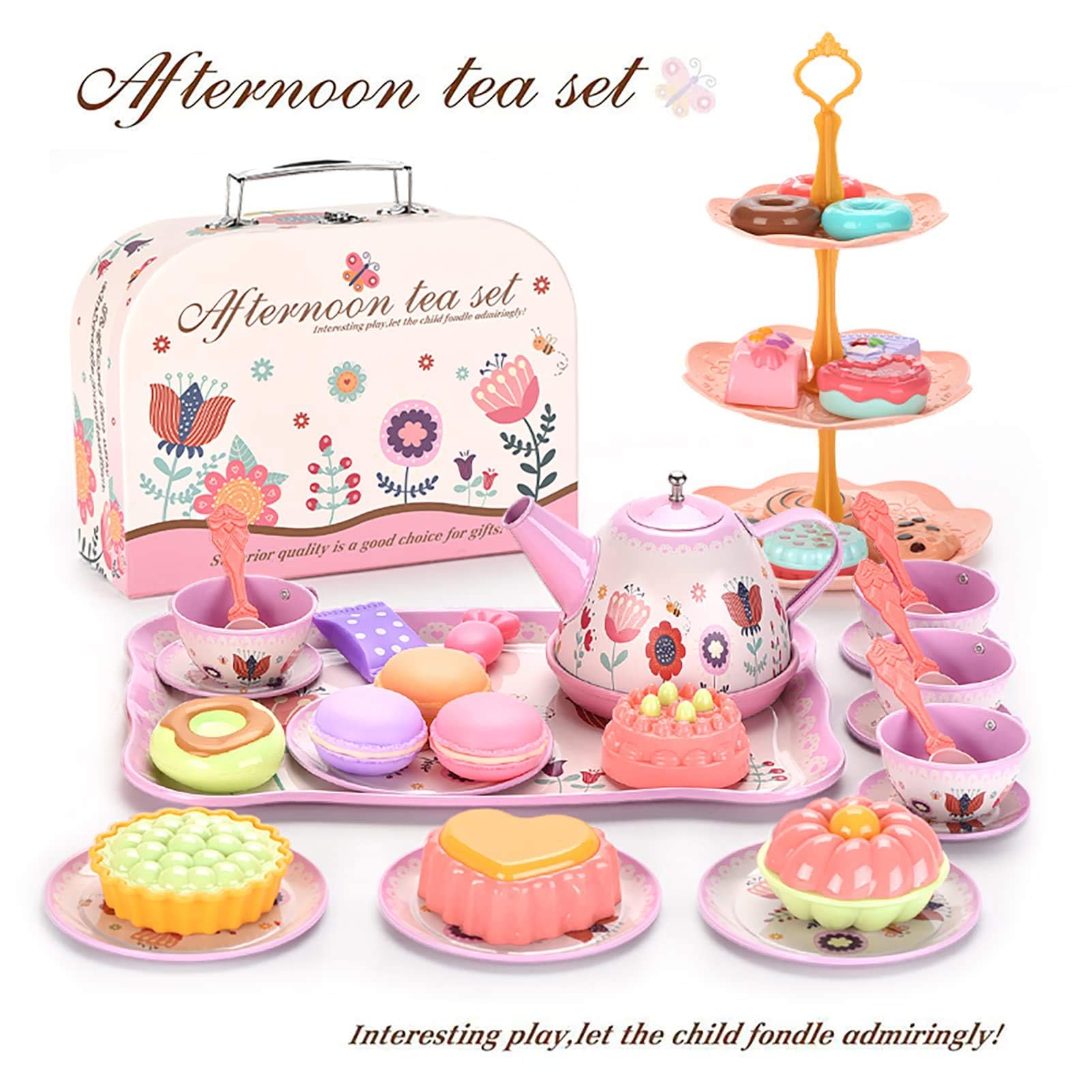 Lajeje Tea Set for Little Girls, Birthday Gift for Age 3 4 5 6 Year Old, Toddler Toys Tea Party Set for Little Girls, Princess Kids Kitchen Pretend Toy with Tin Tea Set, Desserts & Carrying Case