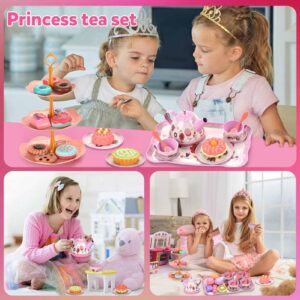 Lajeje Tea Set for Little Girls, Birthday Gift for Age 3 4 5 6 Year Old, Toddler Toys Tea Party Set for Little Girls, Princess Kids Kitchen Pretend Toy with Tin Tea Set, Desserts & Carrying Case