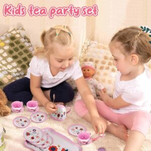 Lajeje Tea Set for Little Girls, Birthday Gift for Age 3 4 5 6 Year Old, Toddler Toys Tea Party Set for Little Girls, Princess Kids Kitchen Pretend Toy with Tin Tea Set, Desserts & Carrying Case