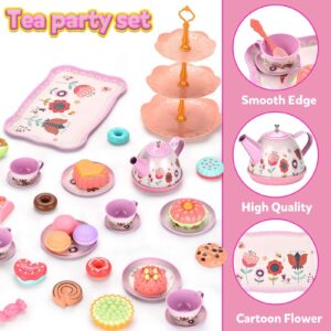 Lajeje Tea Set for Little Girls, Birthday Gift for Age 3 4 5 6 Year Old, Toddler Toys Tea Party Set for Little Girls, Princess Kids Kitchen Pretend Toy with Tin Tea Set, Desserts & Carrying Case