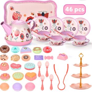 Lajeje Tea Set for Little Girls, Birthday Gift for Age 3 4 5 6 Year Old, Toddler Toys Tea Party Set for Little Girls, Princess Kids Kitchen Pretend Toy with Tin Tea Set, Desserts & Carrying Case