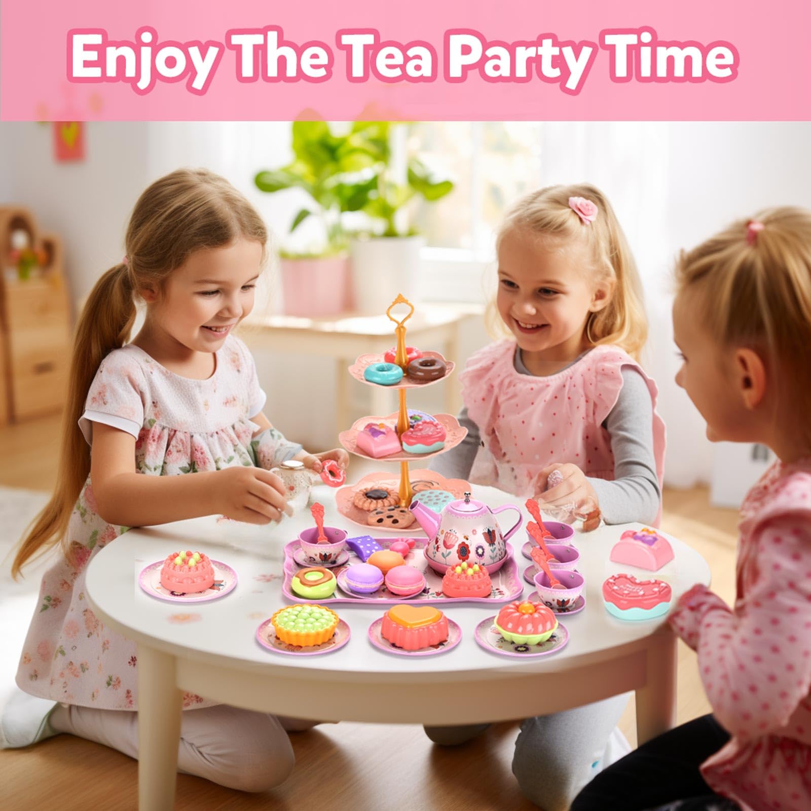 Lajeje Tea Set for Little Girls, Birthday Gift for Age 3 4 5 6 Year Old, Toddler Toys Tea Party Set for Little Girls, Princess Kids Kitchen Pretend Toy with Tin Tea Set, Desserts & Carrying Case