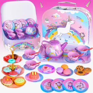 senlisi unicorn tea party set for little girls,pretend tin teapot set,princess tea time toy including teapot, cups, plates and carrying case for birthday kids toddlers age 3 4 5 6