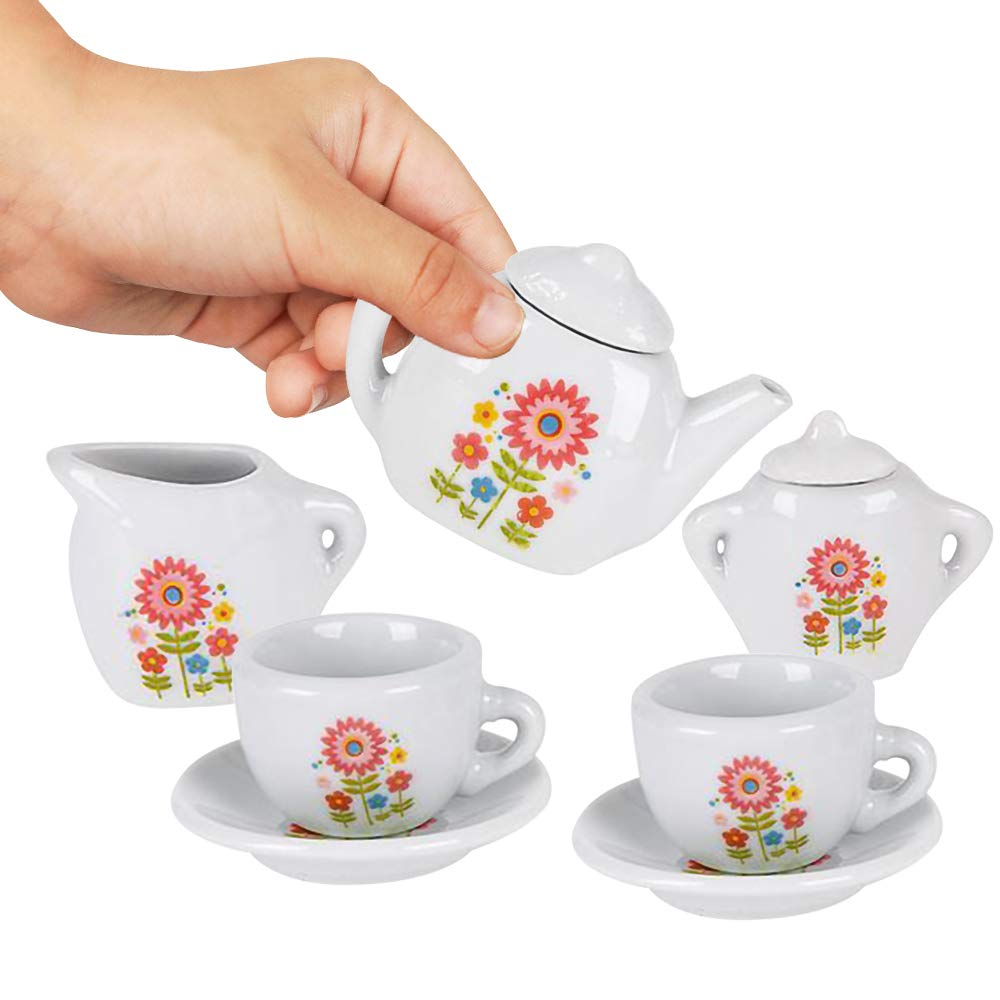 ArtCreativity Mini Porcelain Tea Set for Kids - Ceramic Pretend Play Set - Miniature Saucers, Cups, Teapot, Sugar and Cream Dispenser - Best Holiday, Birthday Gift for Boys and Girls Ages 8+